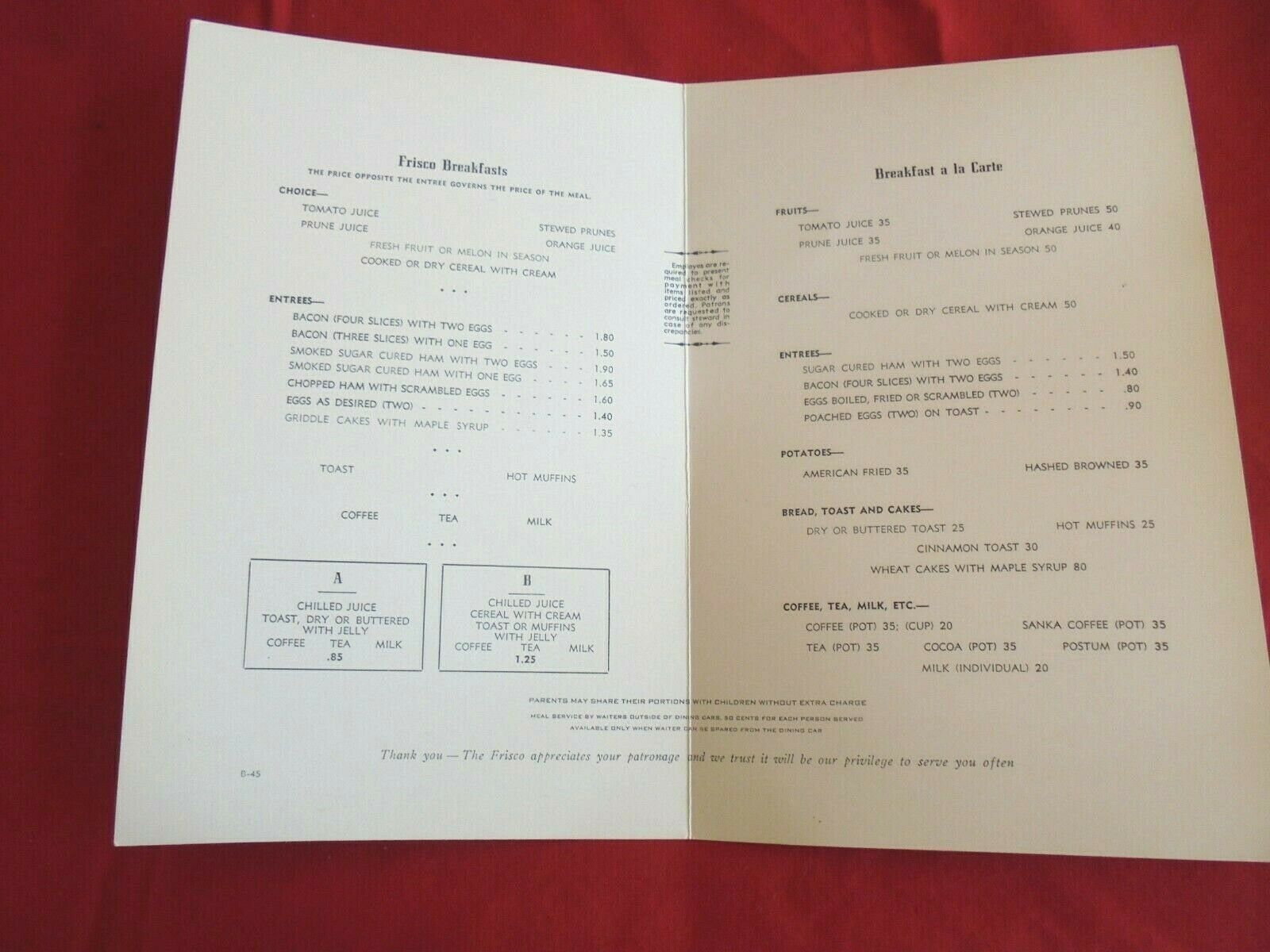 Vintage Frisco Railroad Dining Car Breakfast Menu | #18089879