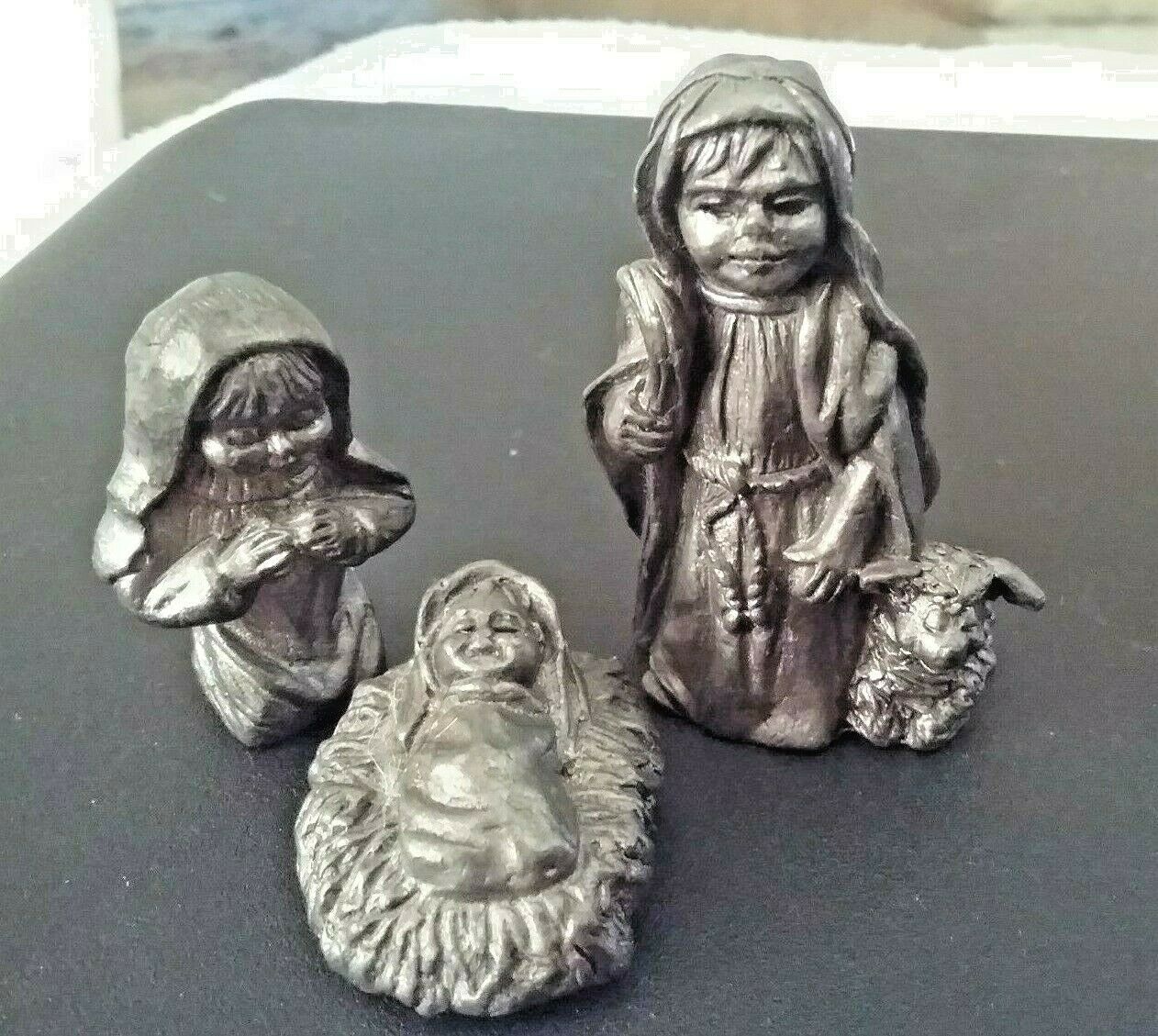 VTG Christmas 3 Piece Mini Pewter Nativity Set Figurines Miniature Baby ...