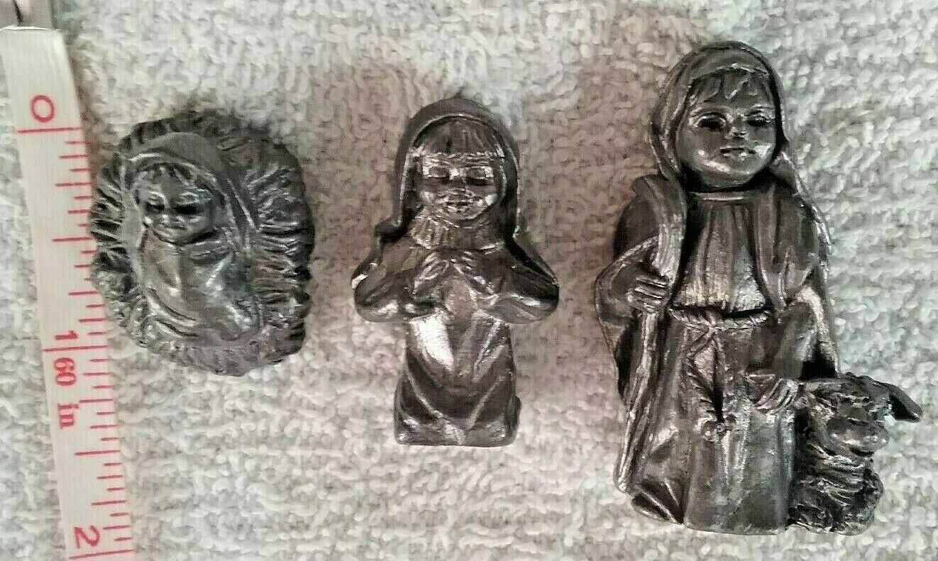 VTG Christmas 3 Piece Mini Pewter Nativity Set Figurines Miniature Baby ...