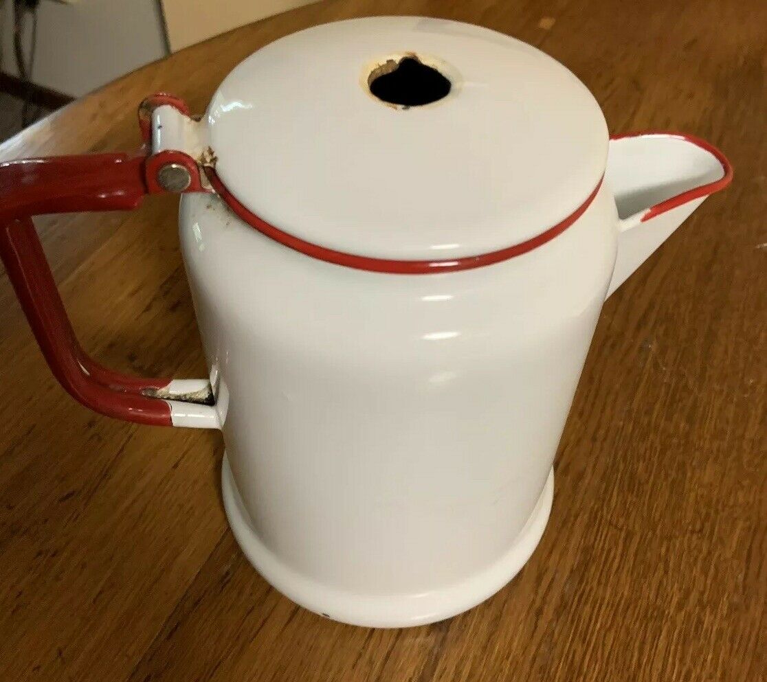 COFFEE POT RED AND WHITE ENAMELED WITH No DOME. VINTAGE | #17943233