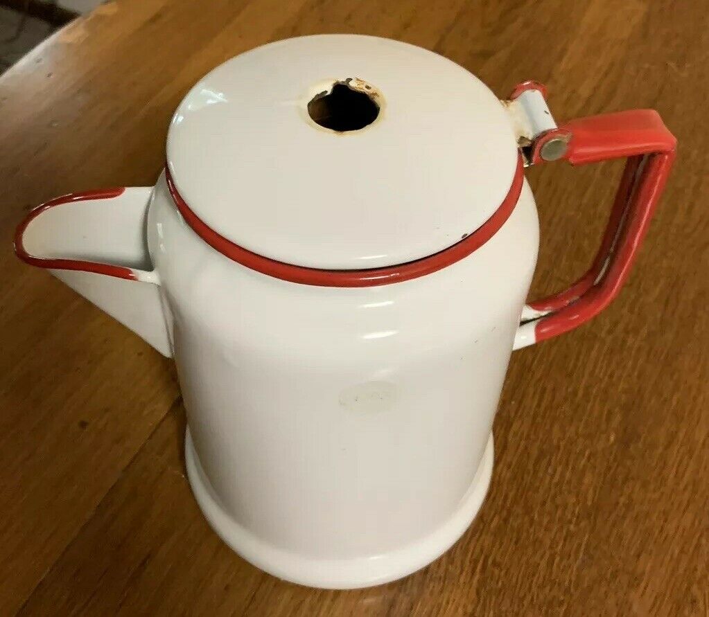 COFFEE POT RED AND WHITE ENAMELED WITH No DOME. VINTAGE | #17943233