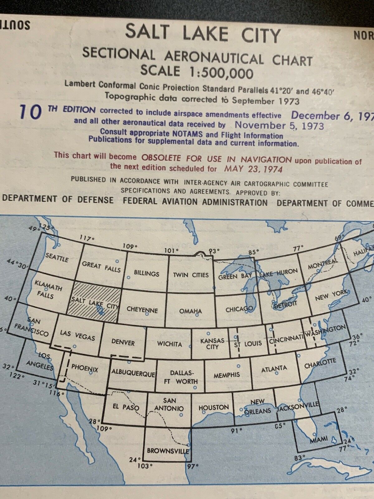 Vintage 1973 Salt Lake City Sectional Aeronautical Aviation Chart Map ...