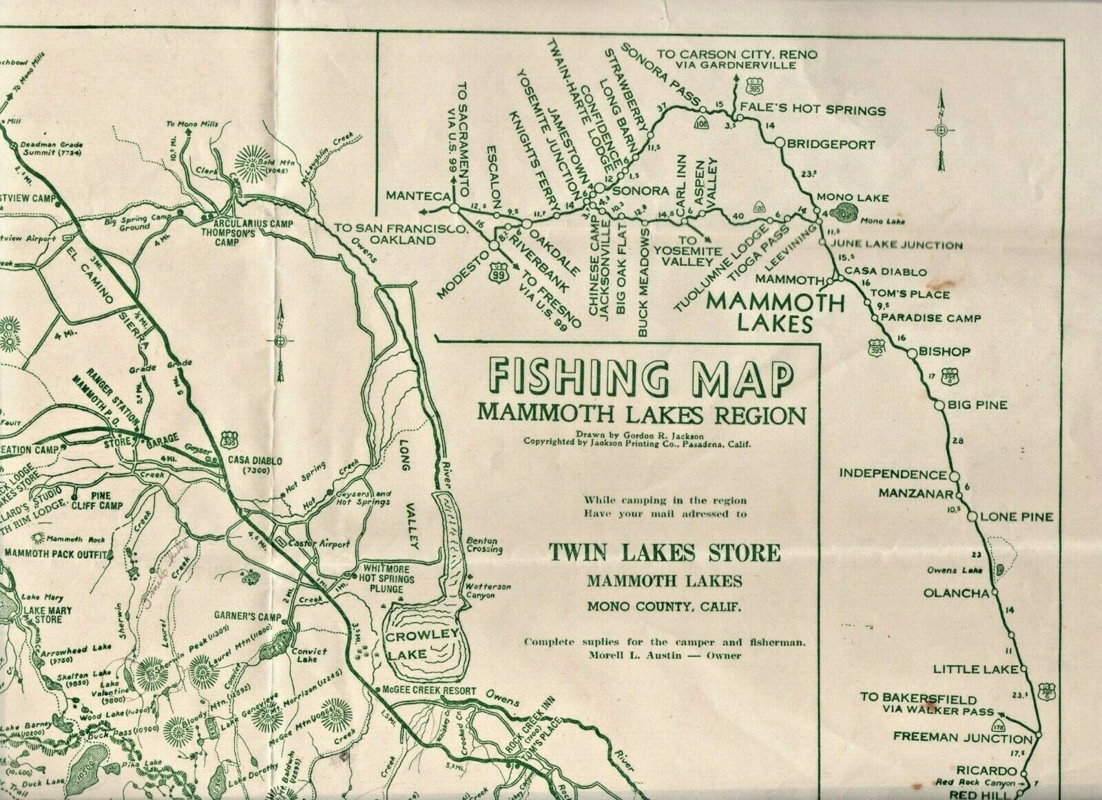 Mammoth Lake Region CA Twin Lakes Store Fishing Map 1940s | #18039474