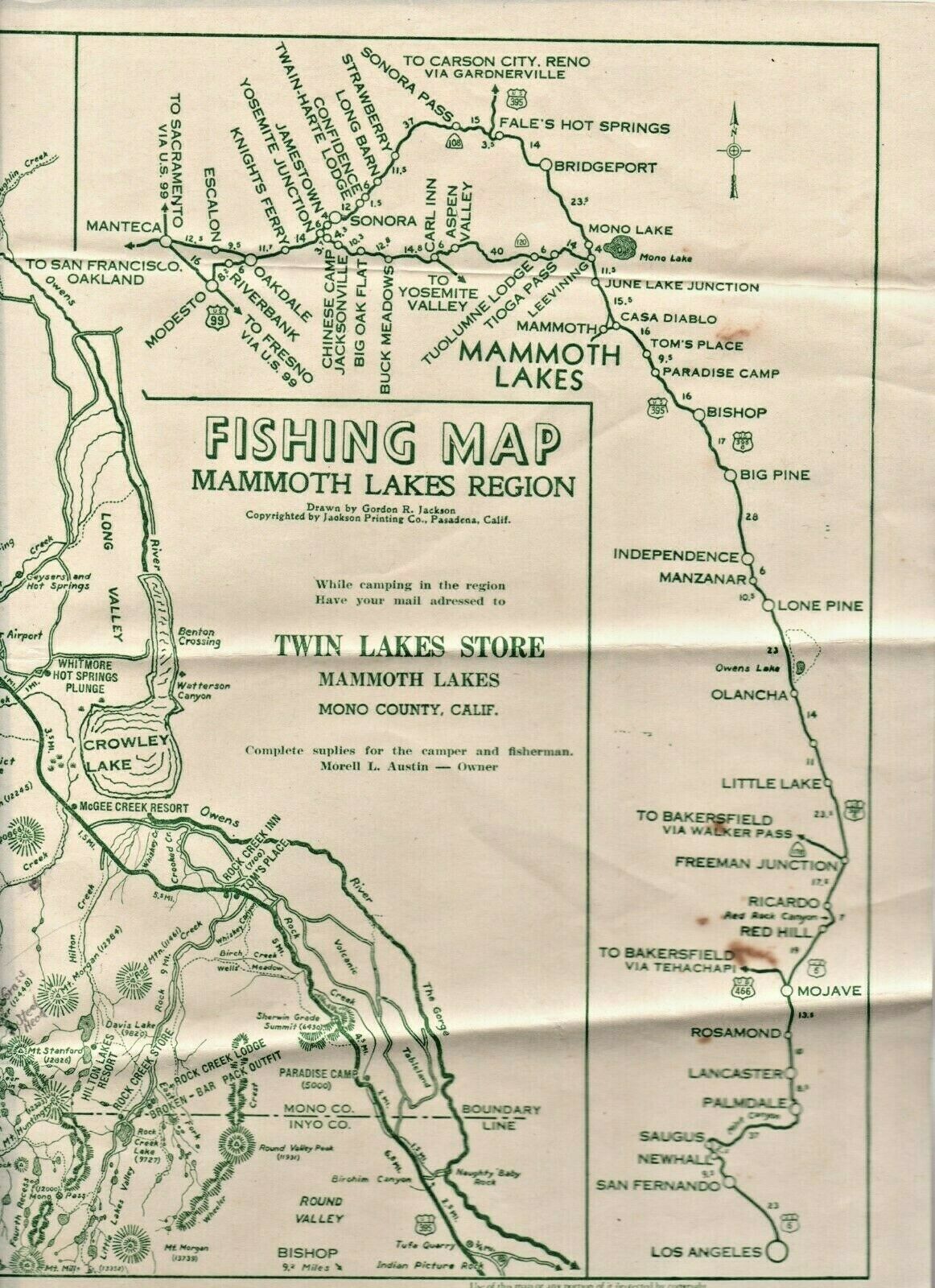 Mammoth Lake Region CA Twin Lakes Store Fishing Map 1940s | #18039474