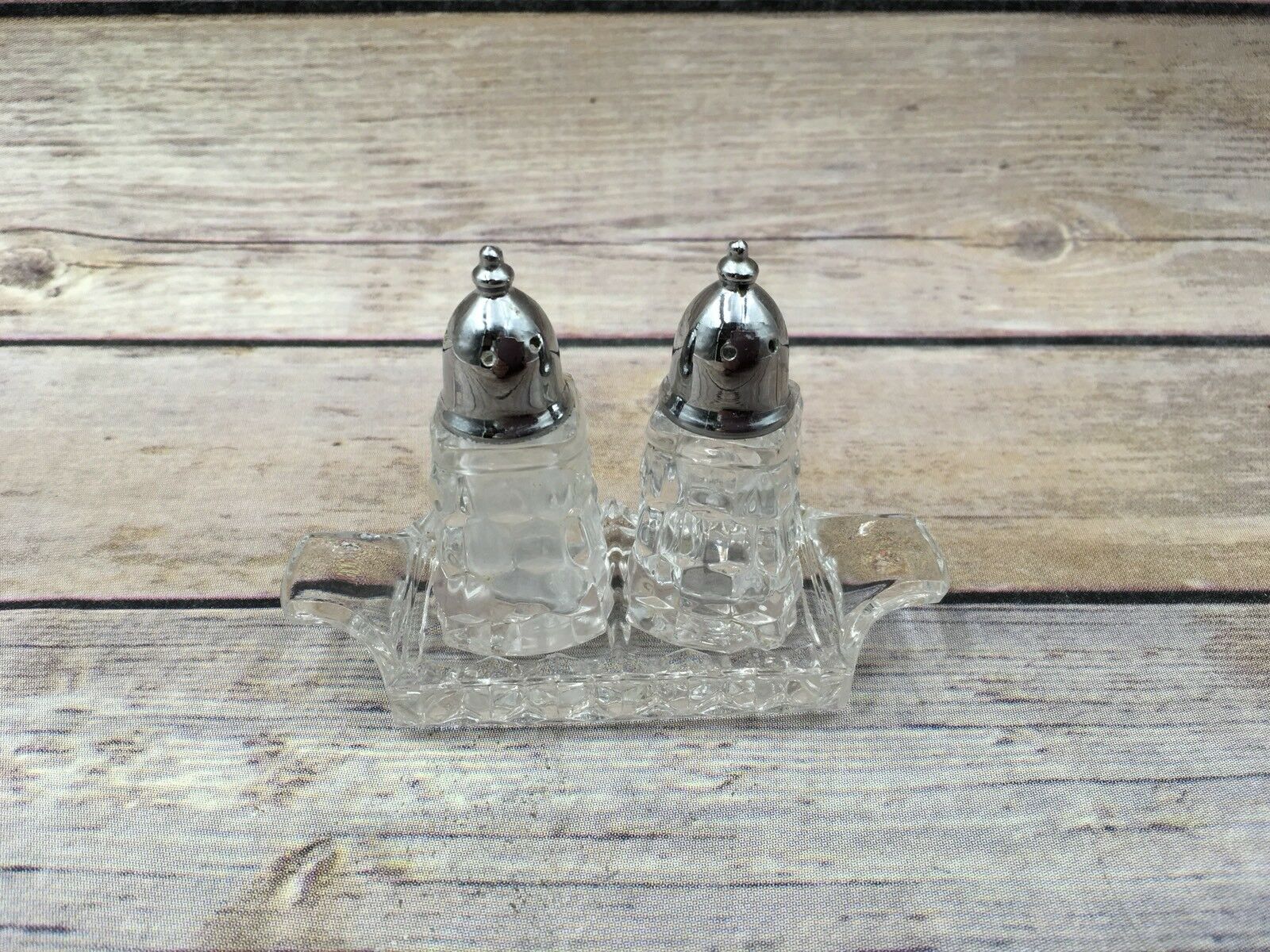 Vintage Small Clear Cut Glass Salt And Peppers Shakers With Tray ...
