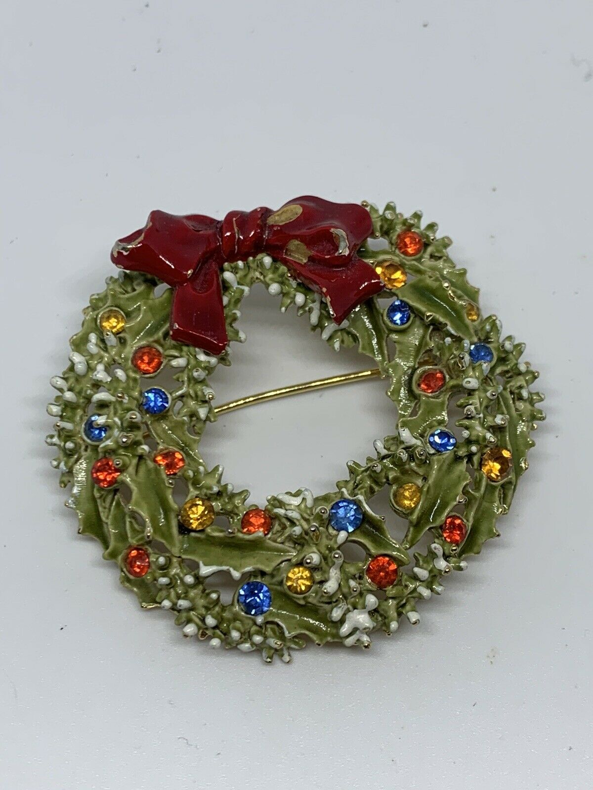 Signed ART Vintage CHRISTMAS WREATH BROOCH Pin Enamel Rhinestone ...
