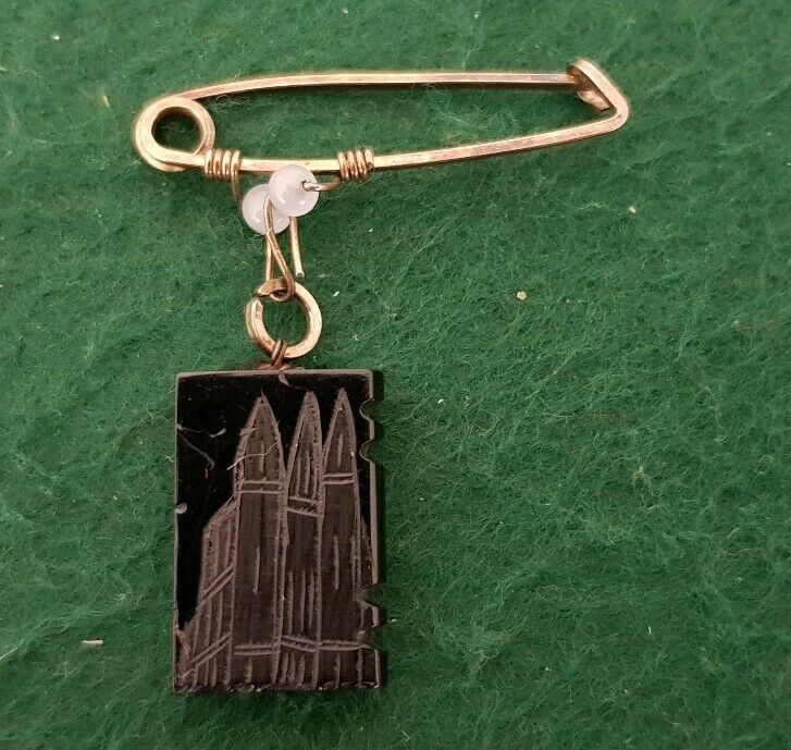 Vintage Whitby Jet Engraved With The Abbey On A Book Pin Brooch | #17865571