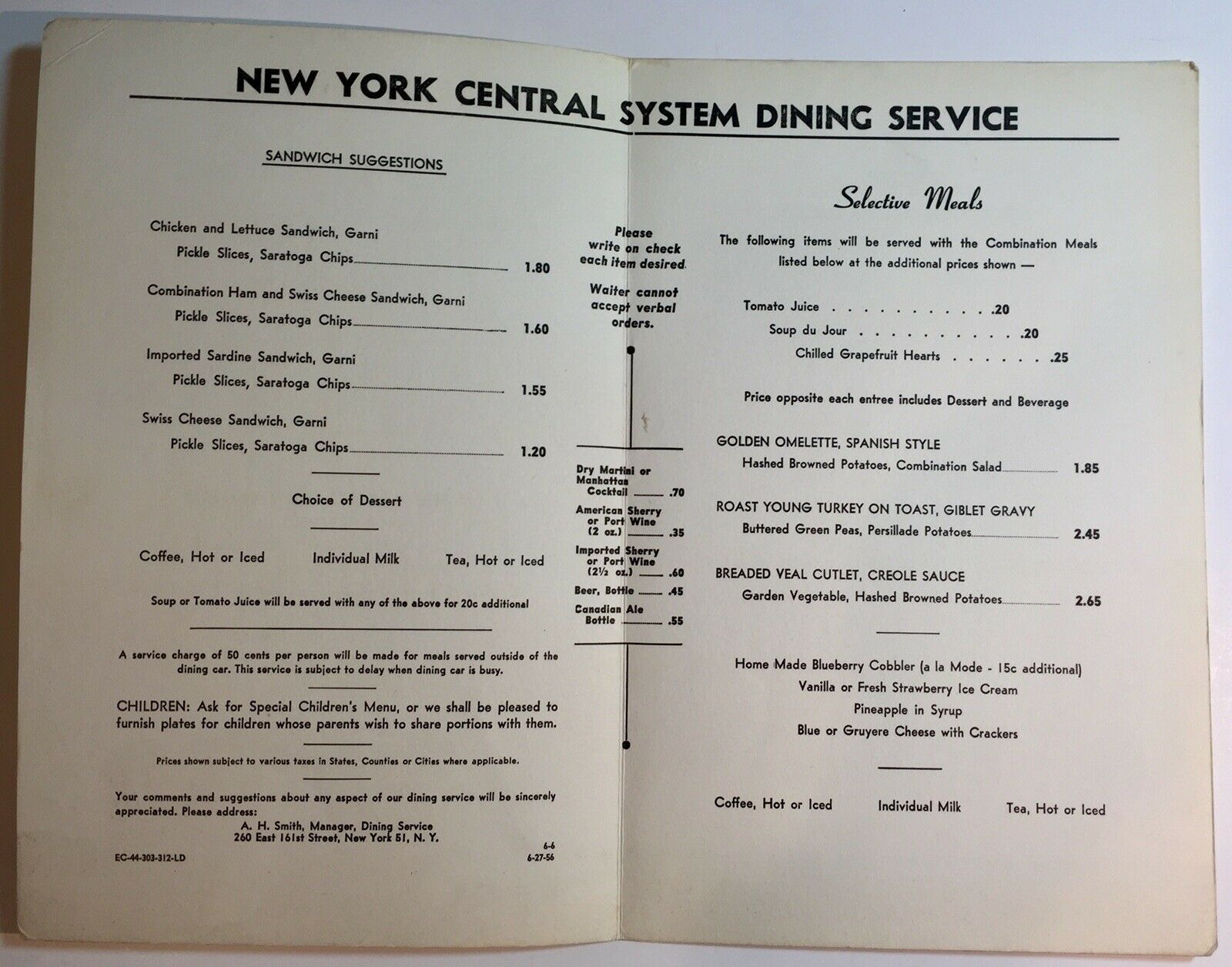 Vintage 1956 York Central System Railroad Aero Train Menu | #17914713