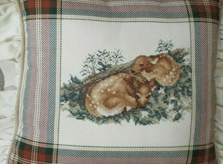 Finished Vintage Deer Fawns Cuddling Cross Stitch Pillow | #17846583