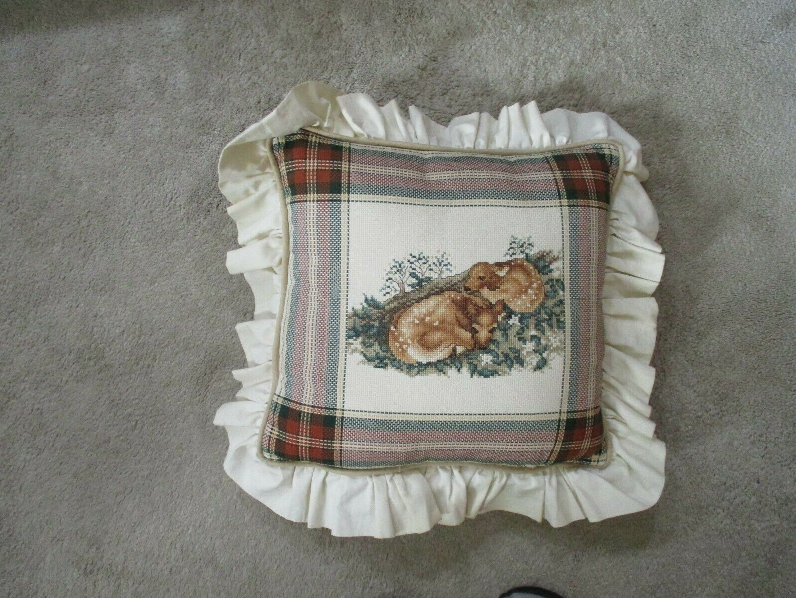 Finished Vintage Deer Fawns Cuddling Cross Stitch Pillow | #17846583