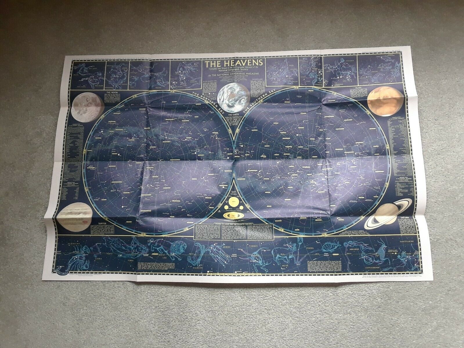 ILLUSTRATED NATIONAL GEOGRAPHIC MAP OF THE HEAVENS STARS PLANETS ...