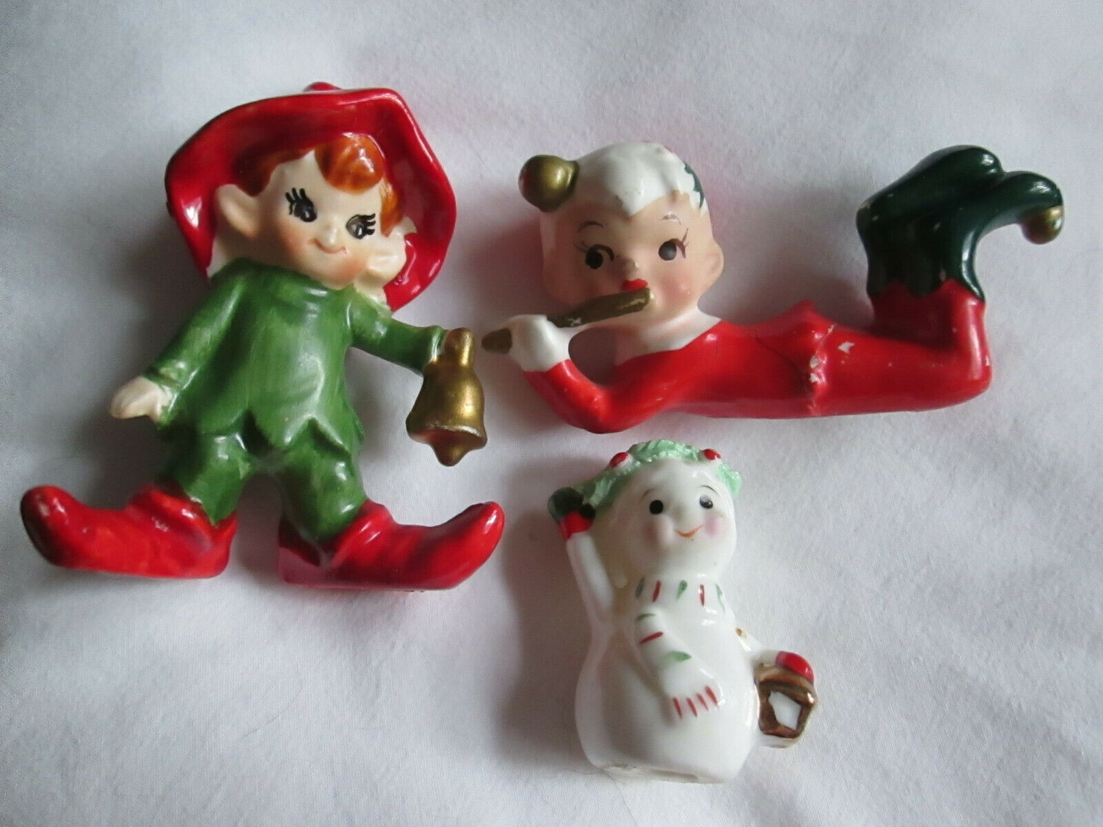 2 VINTAGE CERAMIC CHRISTMAS PIXIE ELVES FIGURINES AND SMALL SNOWMAN ...