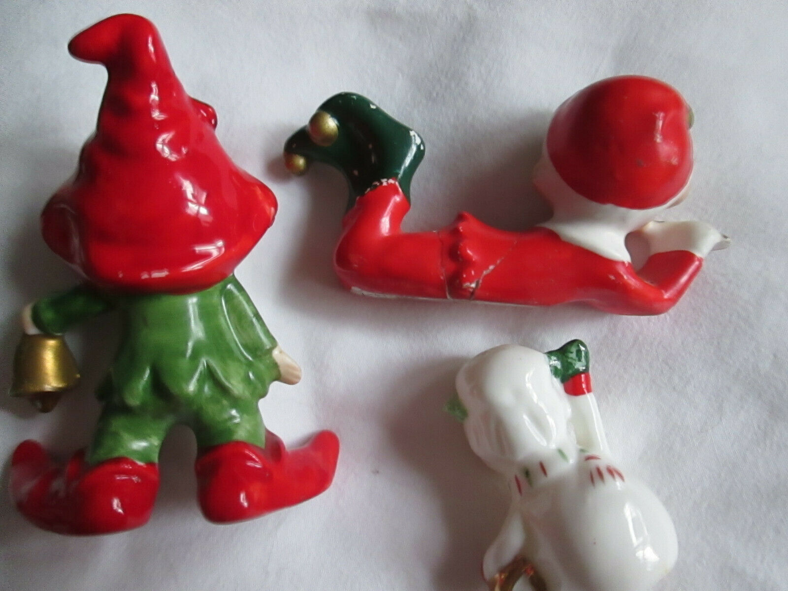 2 VINTAGE CERAMIC CHRISTMAS PIXIE ELVES FIGURINES AND SMALL SNOWMAN ...