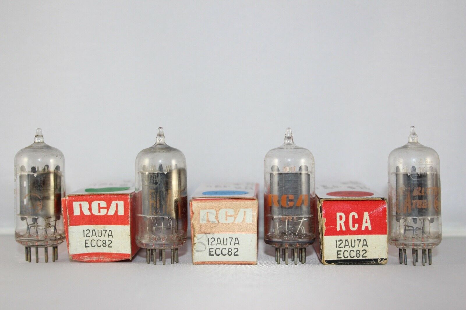 4 MATCHED Boxed Quad RCA 12AU7A LONG Plate CLEAR Top TEST STRONG 92 ...