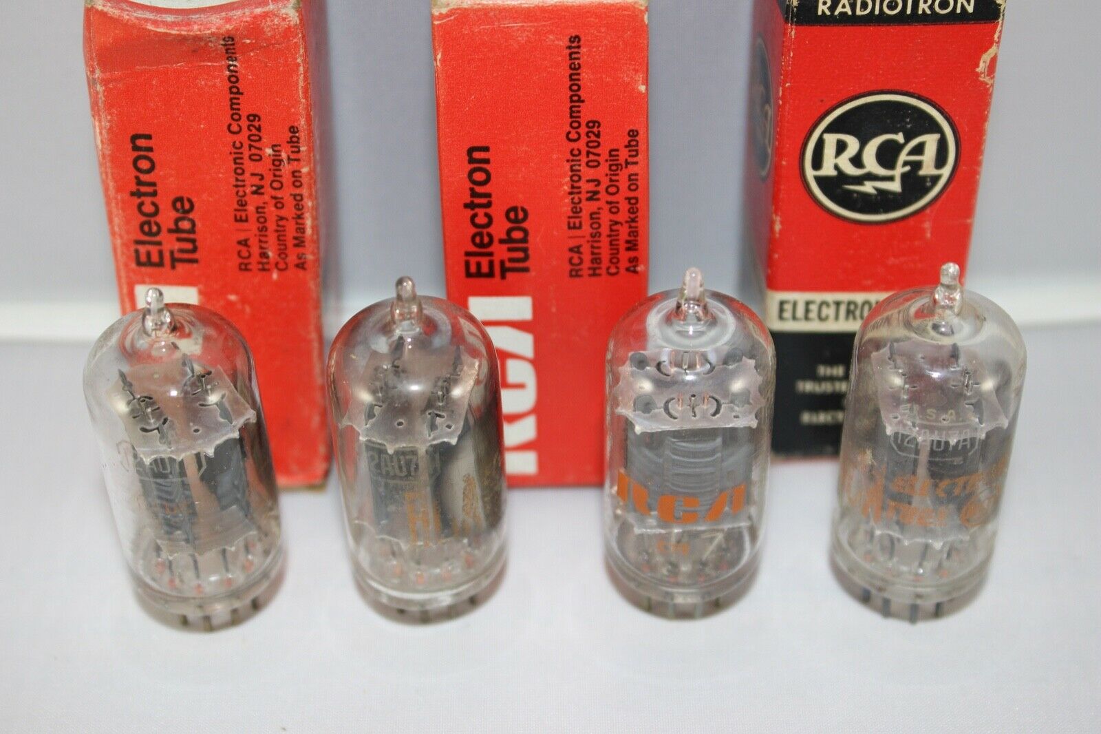 4 MATCHED Boxed Quad RCA 12AU7A LONG Plate CLEAR Top TEST STRONG 92 ...
