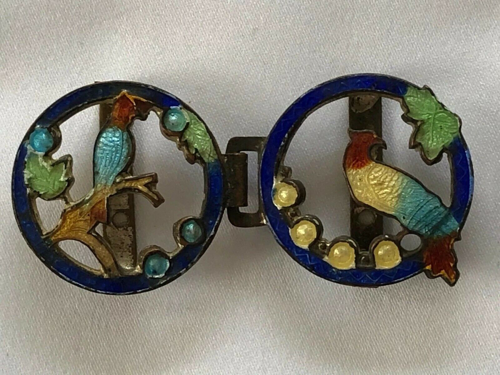 Vintage Guilloche Enamel Birds Belt Buckle Pot Metal | #17633321
