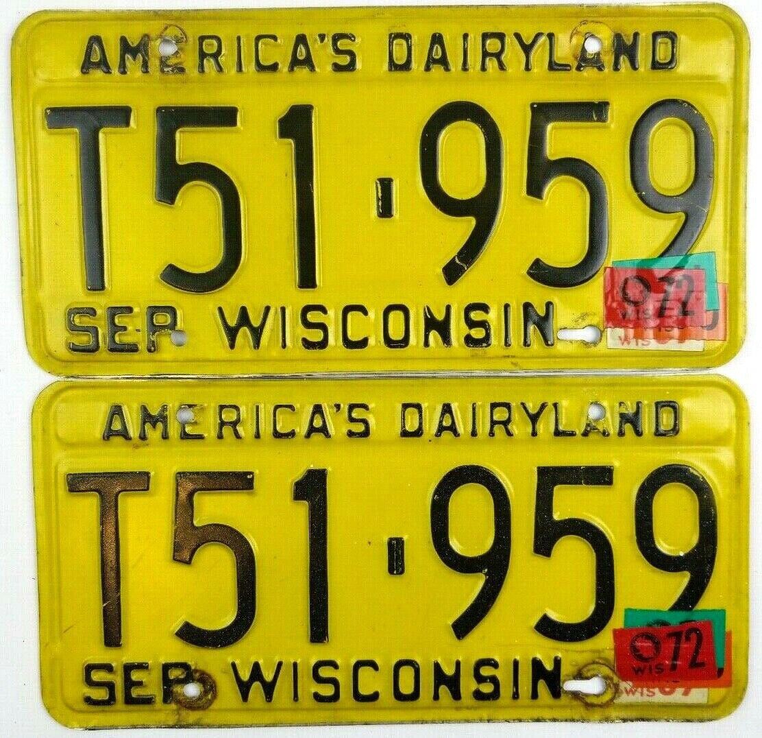 Wisconsin 1972 Old License Plate Pair Garage Vtg Tag Man Cave Bar Pub ...