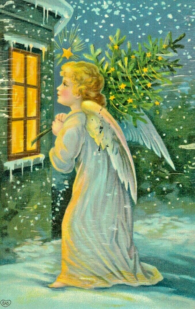Vintage Christmas Postcard From Germany Of Angel On Snowy Night Look ...