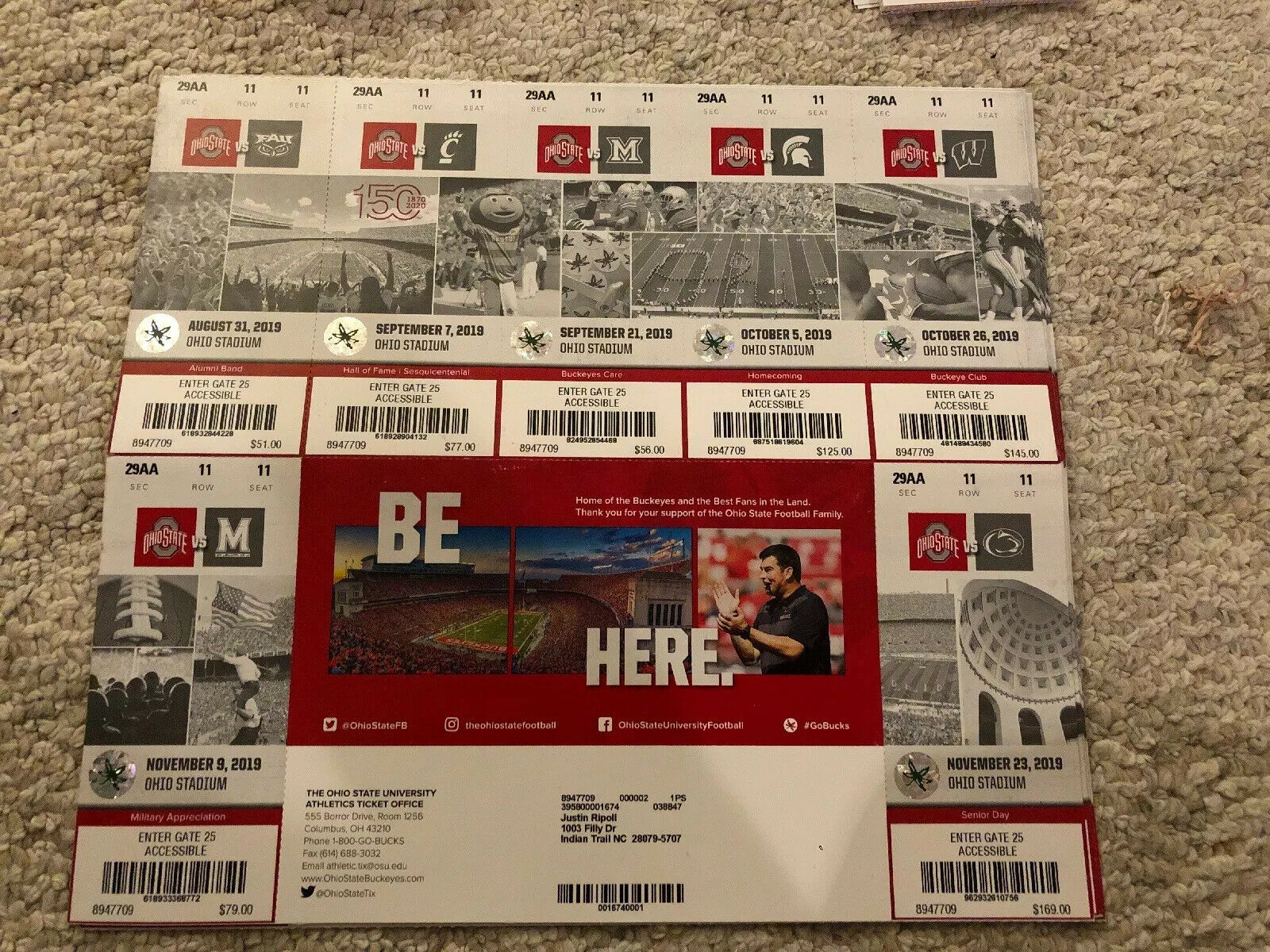 2019 OHIO STATE BUCKEYES COLLEGE FOOTBALL SEASON TICKET STUB STRIP ...