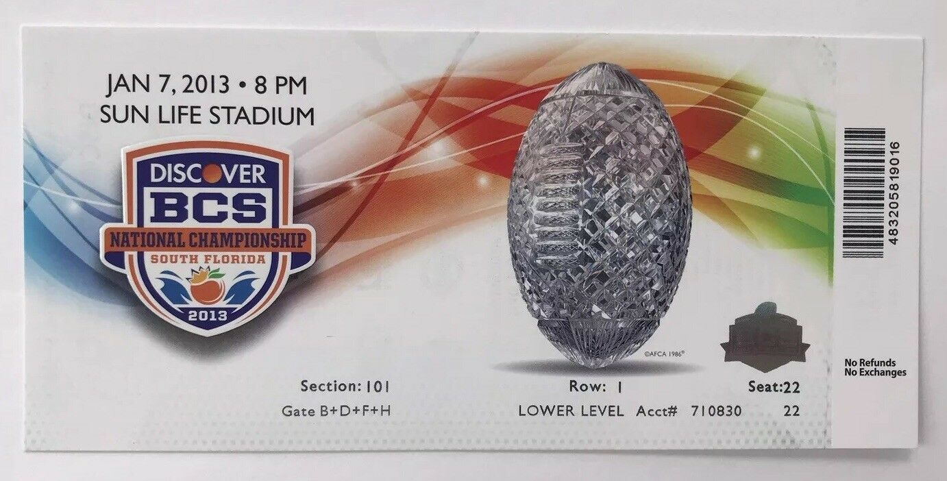 2013 COLLEGE FOOTBALL BCS NATIONAL CHAMPIONSHIP GAME TICKET ALABAMA ...