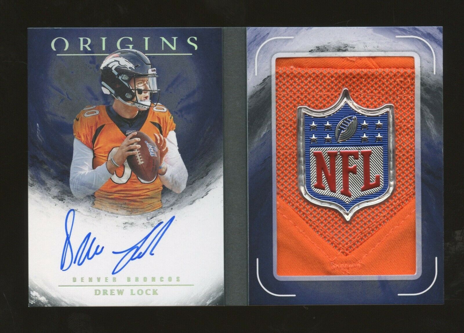 2019 Panini Origins Booklet Drew Lock RPA RC NFL Shield Logo Patch AUTO ...