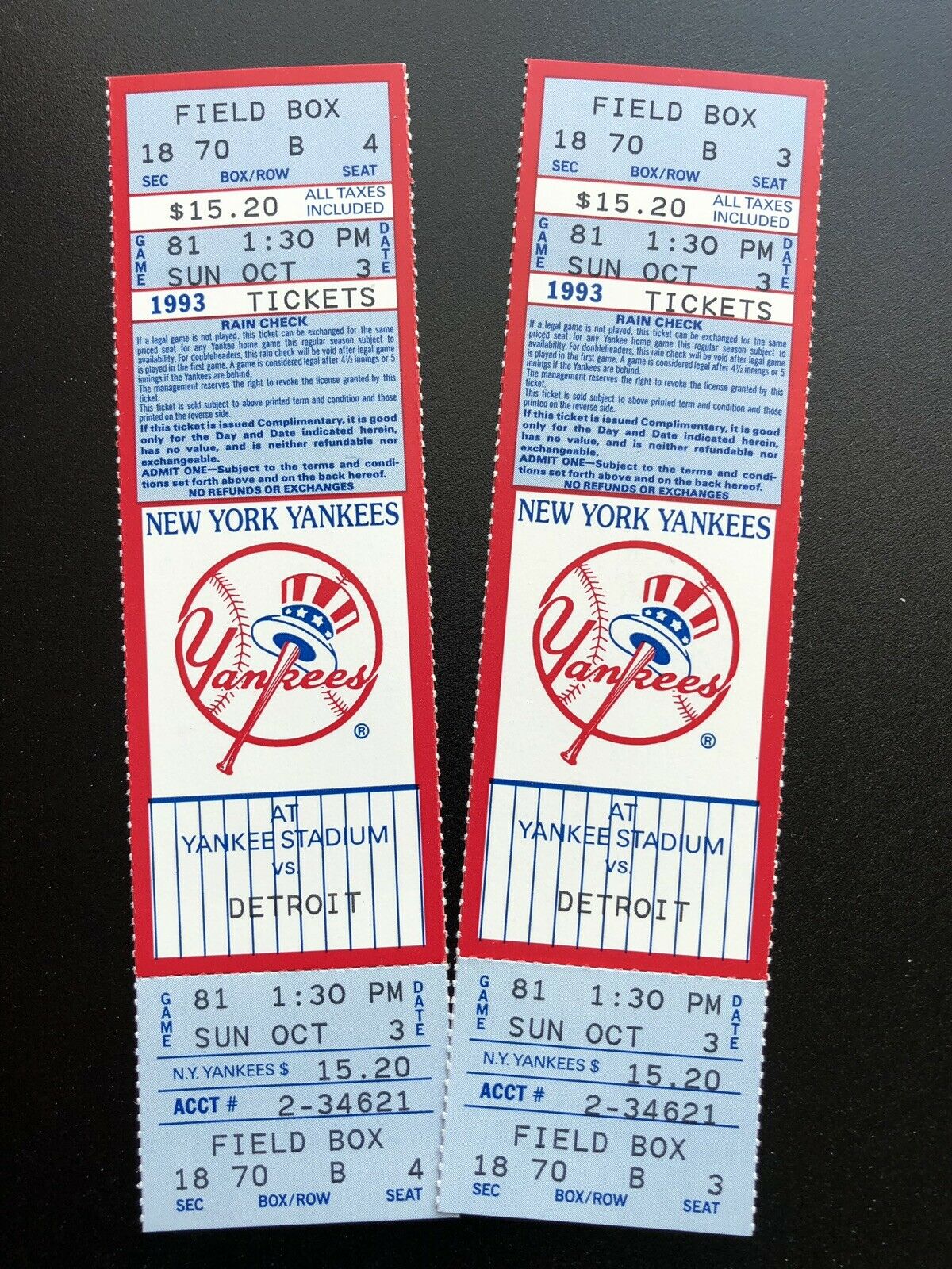 Oct 3 1993 MLB Full Ticket NY Yankees Vs Detroit Tigers Yankee Stadium ...