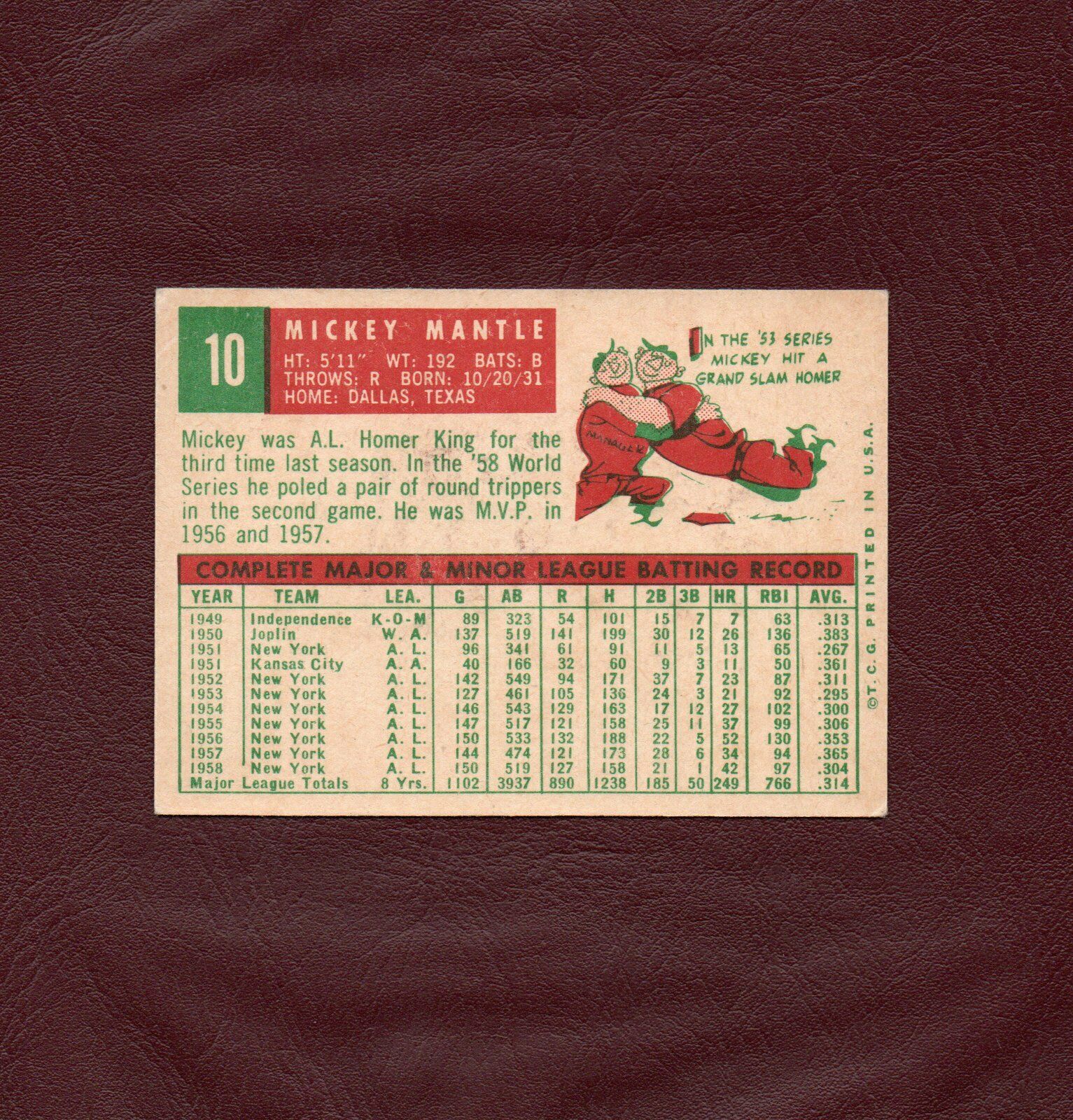 1959 Topps MICKEY MANTLE Baseball Card 10 STUNNING CARD NO CREASES WOW ...