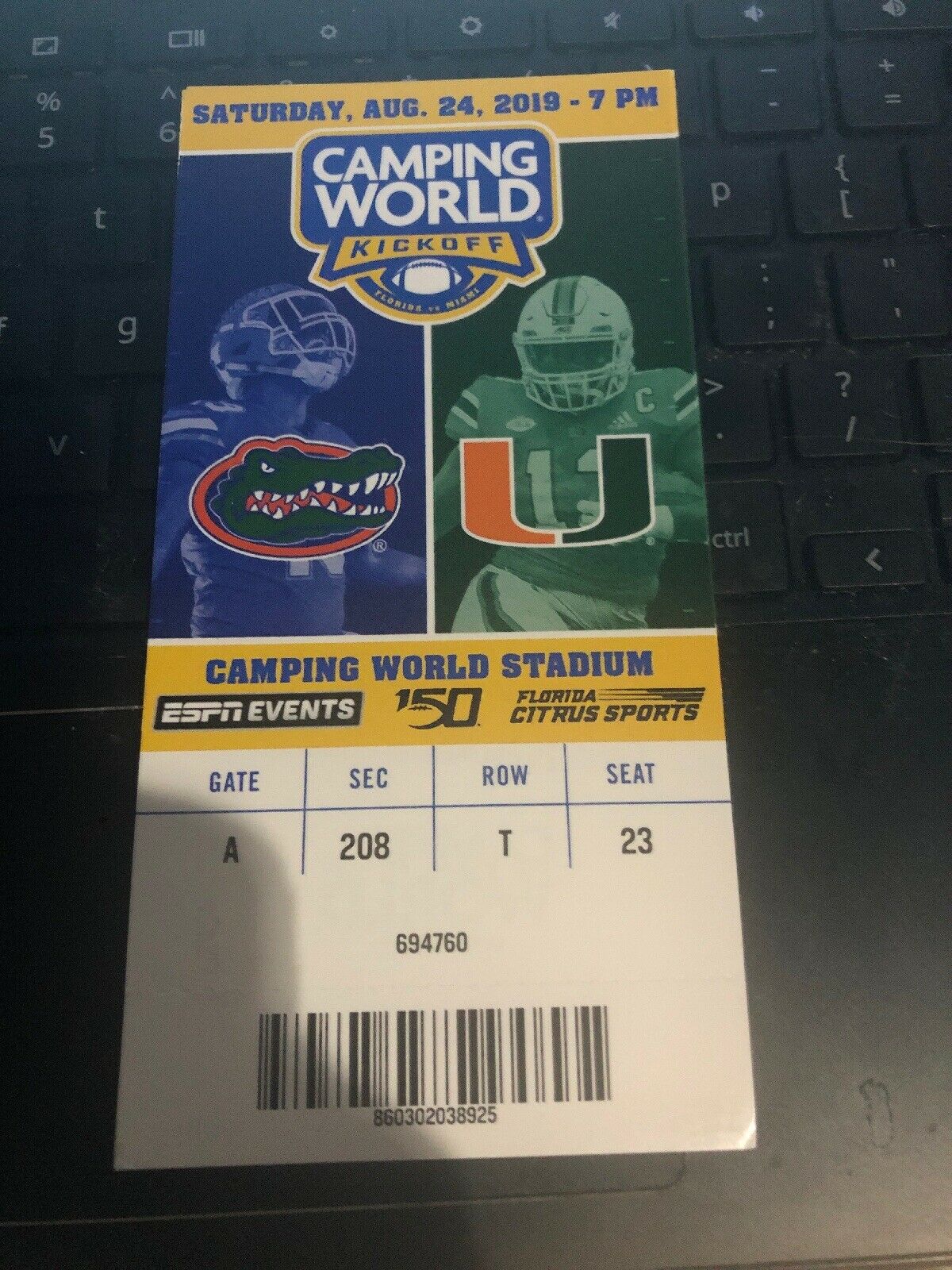 2019 FLORIDA GATORS VS MIAMI HURRICANES COLLEGE FOOTBALL 8/24 TICKET ...